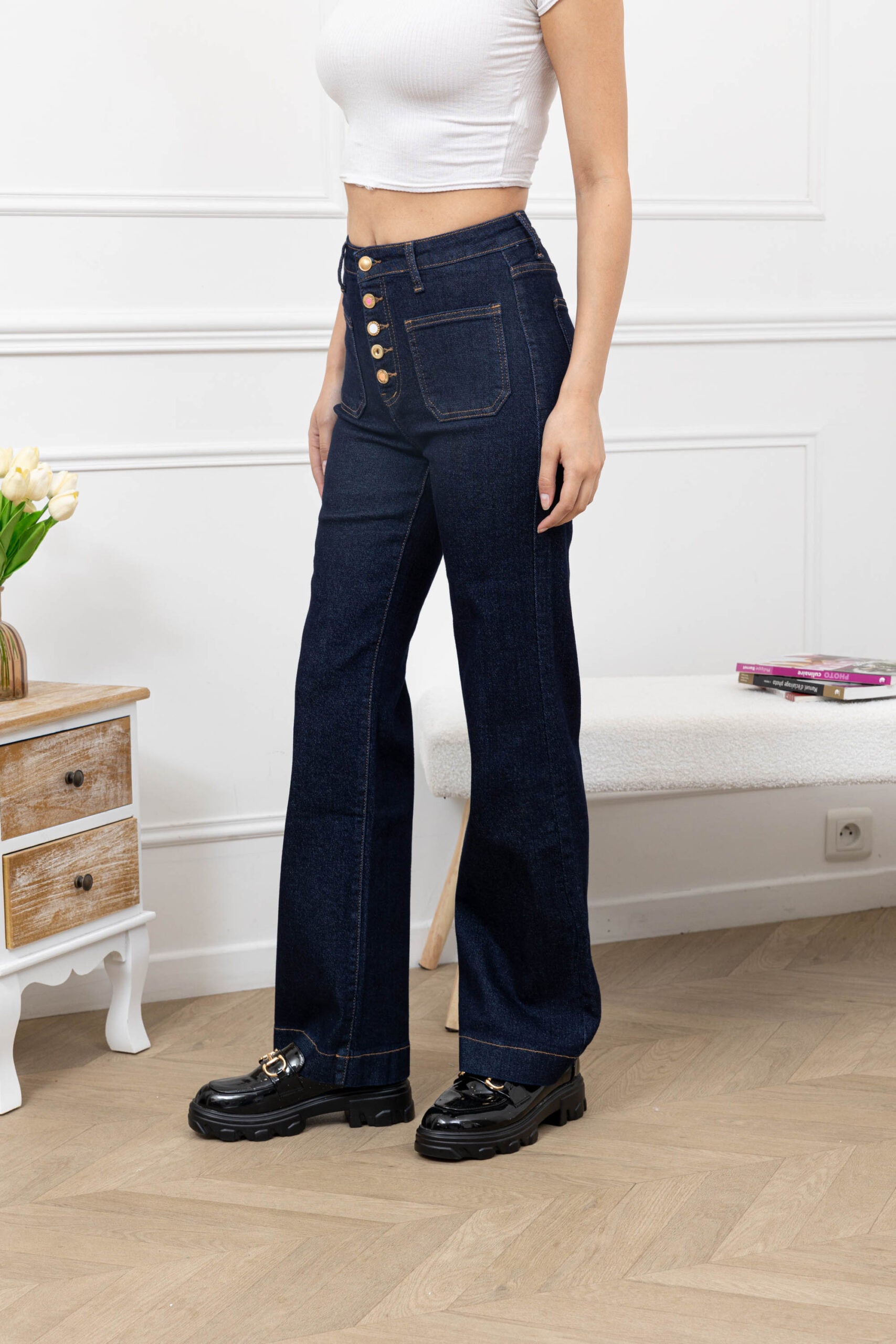 MIND by lene jeans med knapper og flare